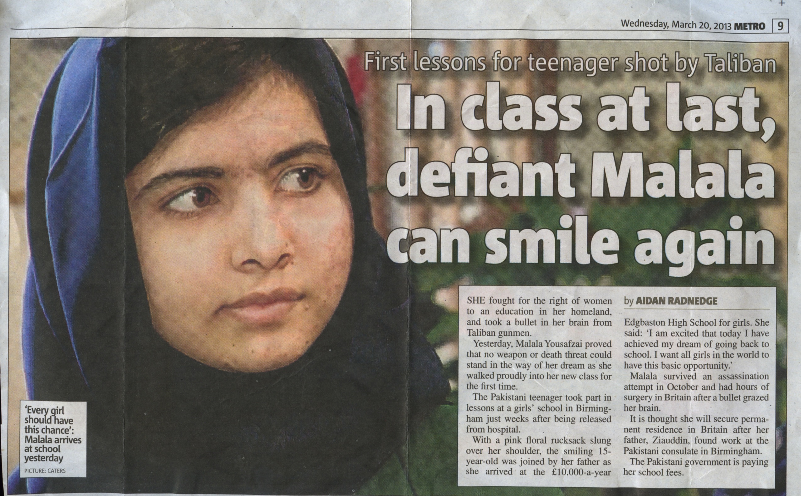 Julia Kristeva - In class at last, defiant Malala can smile again